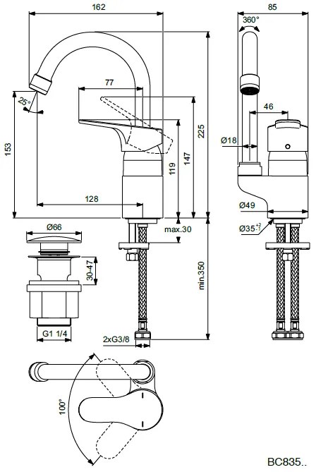 Ideal Standard Cerabase - Umyvadlová baterie s vysokým výtokem a s Click odtokovou garniturou, chrom BC835AA