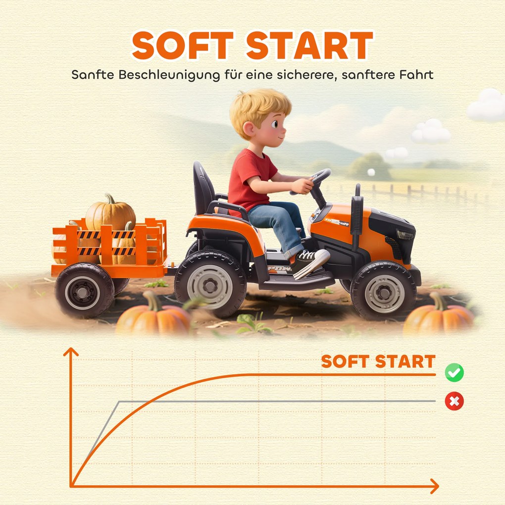 AIYAPLAY Elektrický dětský traktor, sedací traktor s dálkovým ovládáním, měkký start, pro děti ve věku 3-8 let, oranžový
