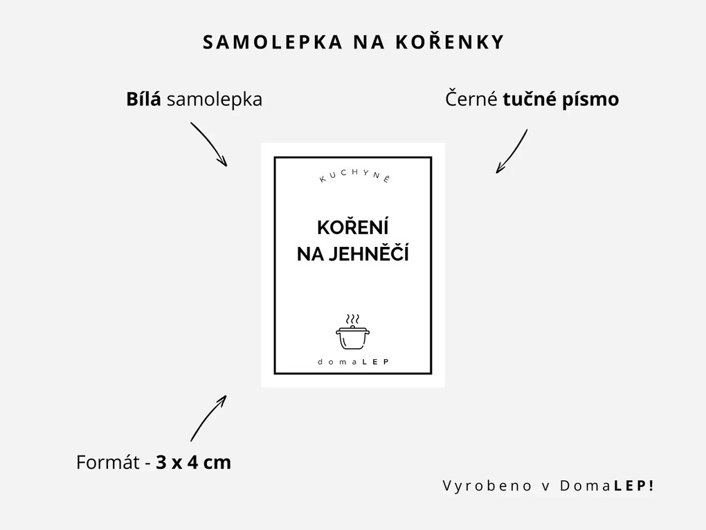 KOŘENÍ NA JEHNĚČÍ - Samolepka na kořenky 3 x 4 cm - DomaLEP varianta: PRŮHLEDNÁ - základní písmo