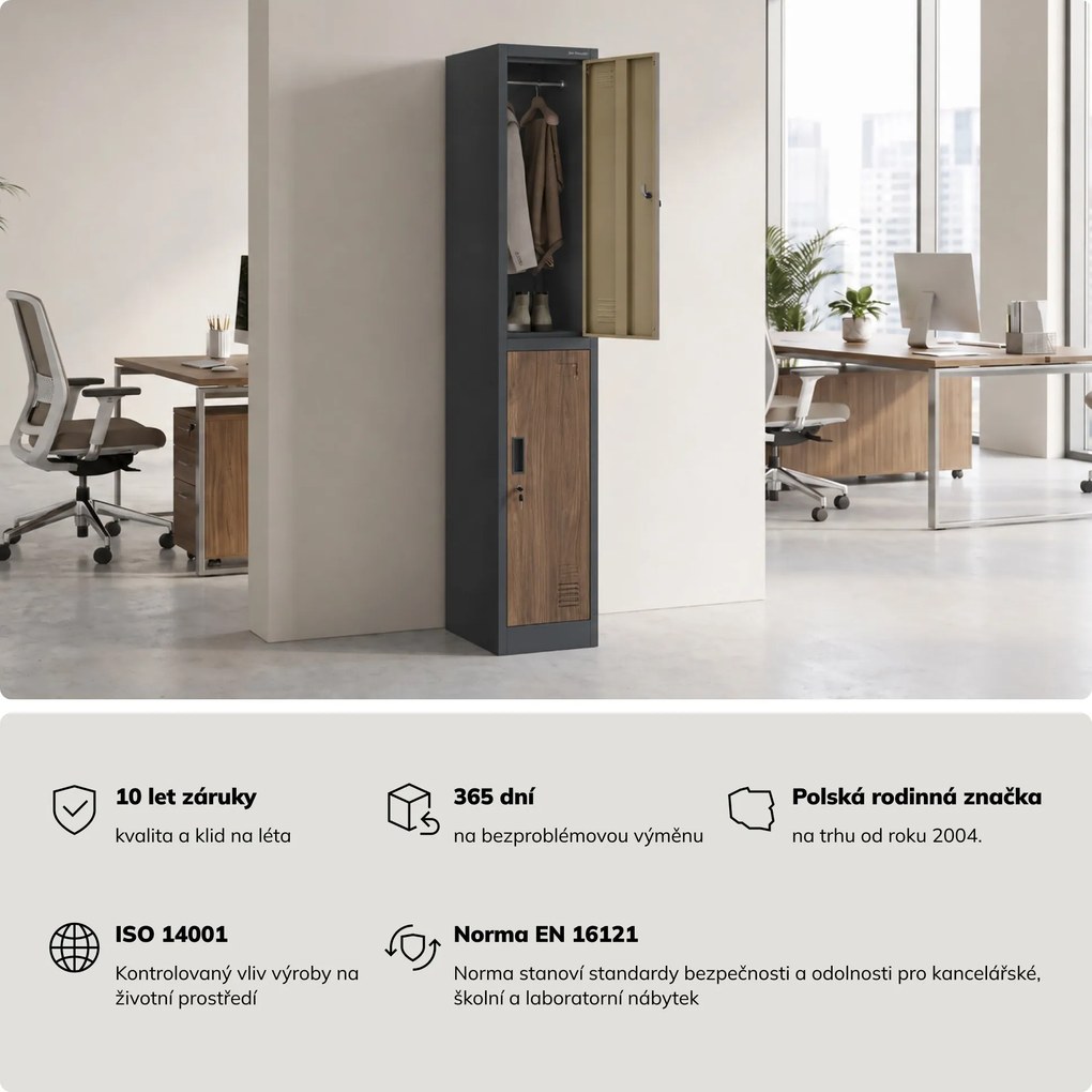 Šatní skříňka BHP, zaměstnanecká, jednotlivá, 2 schránky s tyčí, antracitová/ořech, 316,5x1850x450 mm: IGOR 1 Plus Eco Design