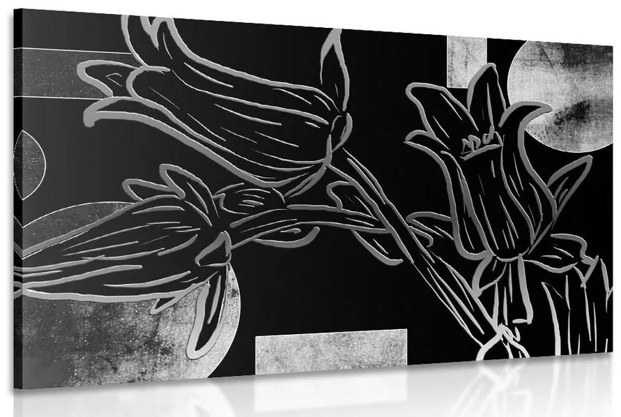 Obraz etno květy v černobílém provedení