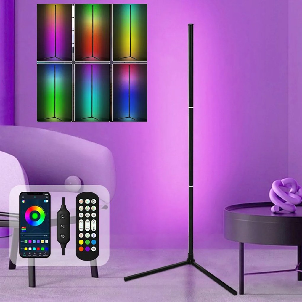 Podlahová Rohová Stojací Lampa Rgb Led Dálkový Ovladač Aplikace Music Sensor 160 CM