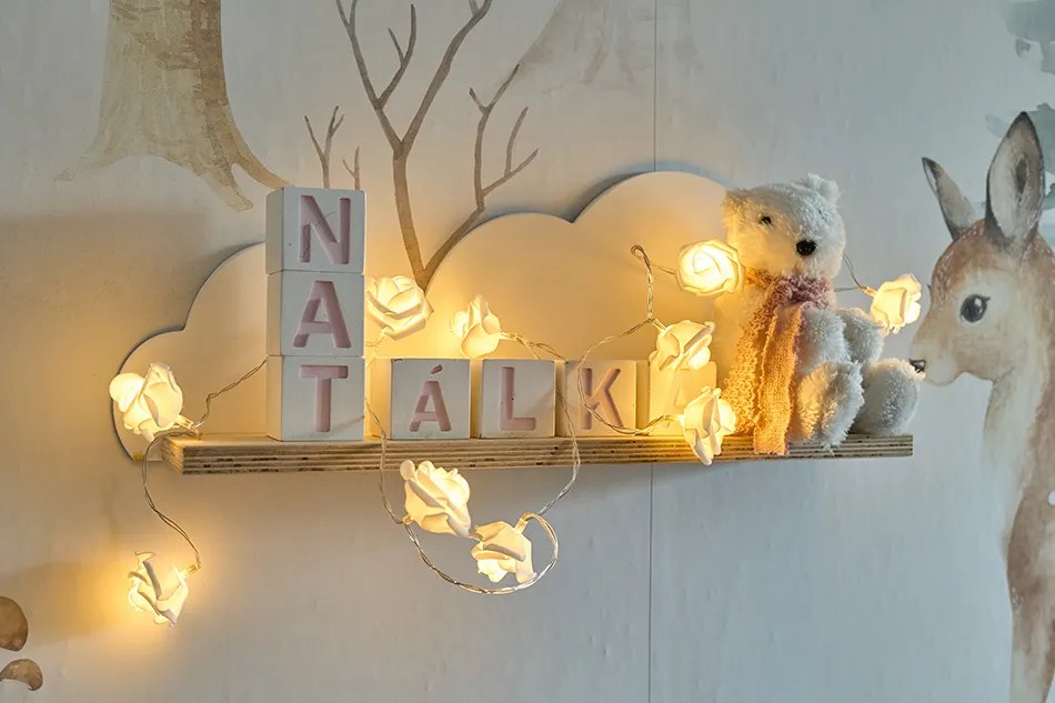 LED světýlka na baterie, růžičky, 1,8 m, teple bílá, 10 diod, čirý kabel, IP20 interiér, 2× AA