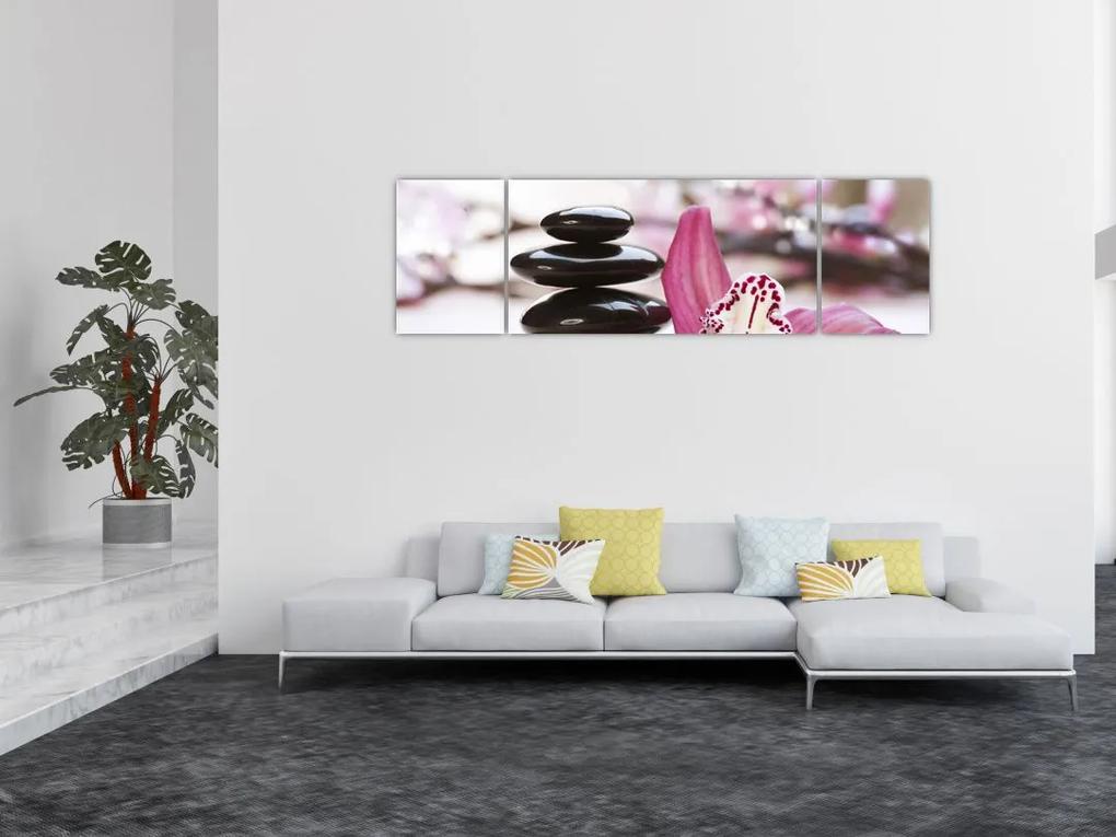 Obraz masážních kamenů a orchidee (170x50 cm)