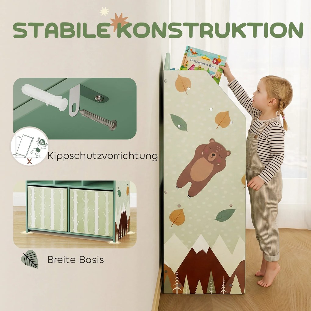 Dětský regál Dětský regál se 2 látkovými zásuvkami otevřený Regál pro 3-8 let 62,5x30x91,5 cm Zelený