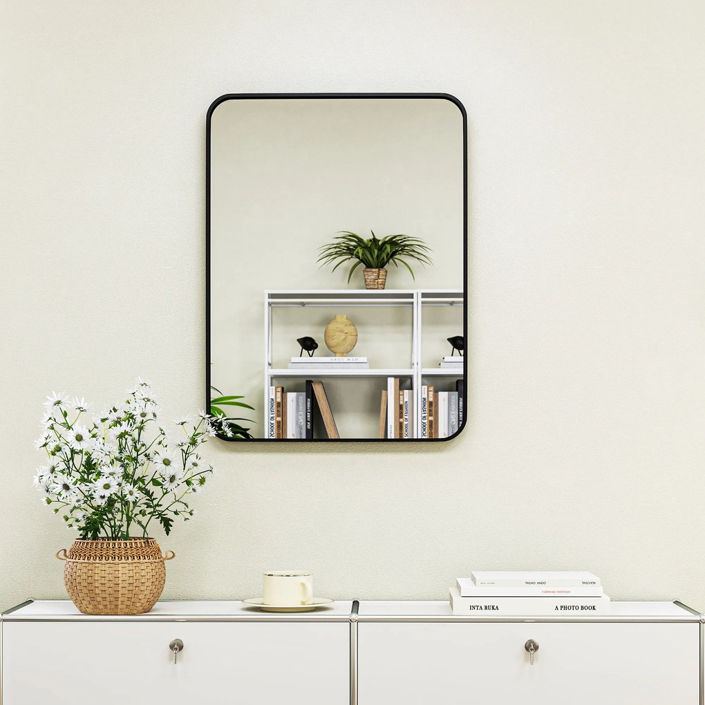 HOMCOM Zrcadlo do koupelny 60x80 cm, dekorativní zrcadlo s kovovým rámem a snadnou instalací na stěnu do obývacího pokoje a předsíně