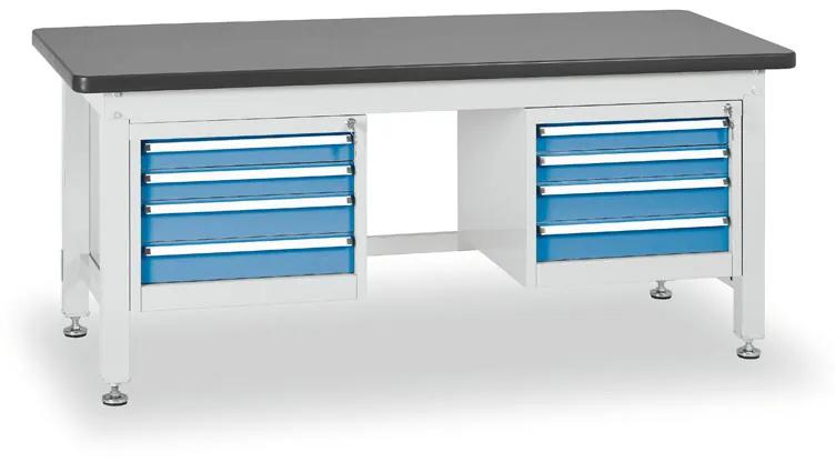 B2B Partner Pracovní stůl do dílny BL se 2 závěsnými boxy na nářadí, MDF + PVC deska, 8 zásuvek, 1800 x 750 x 800 mm