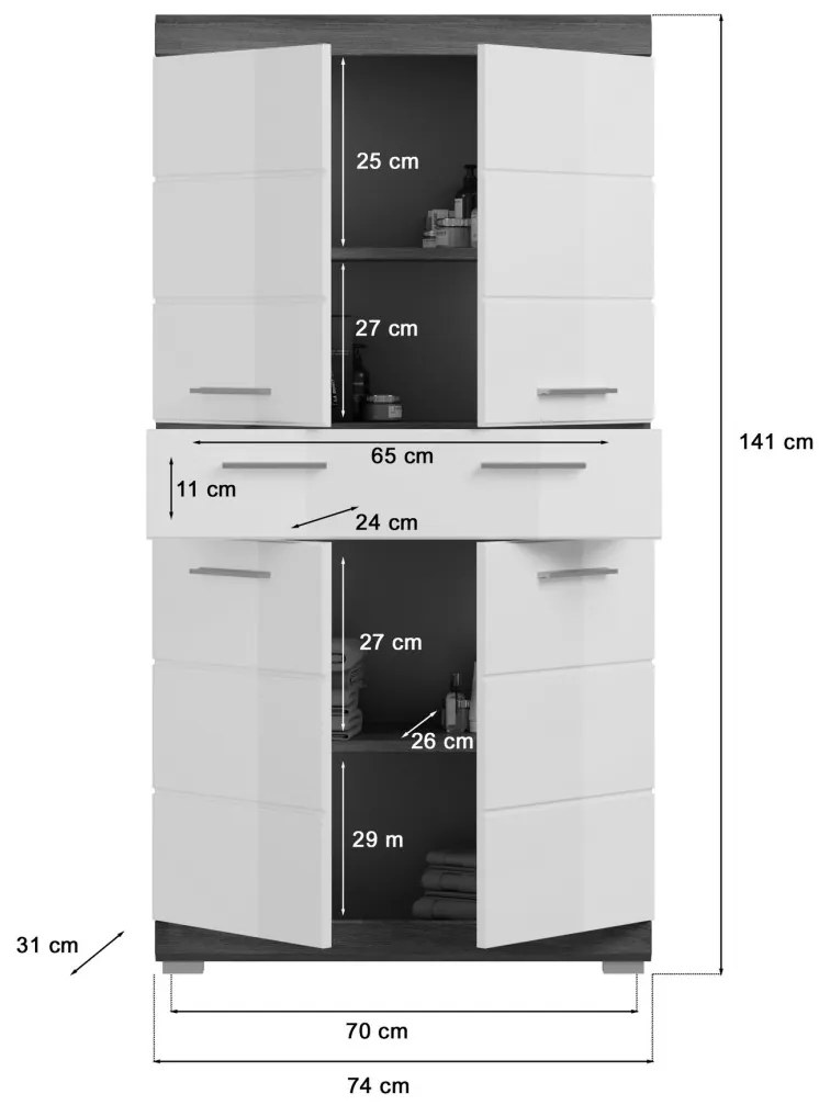 Vyšší skříňka se zásuvkou Scout, šedý dub/bílá lesk