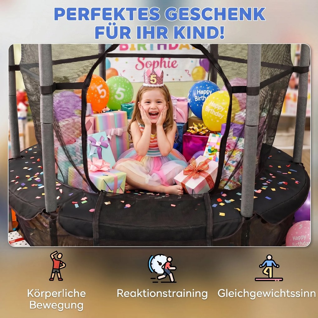 HOMCOM dětská trampolína Ø163 cm, trampolína s ochrannou sítí, kryt okrajů, zahradní trampolína pro děti 3-10 let, max. nosnost 50 kg, černá barva
