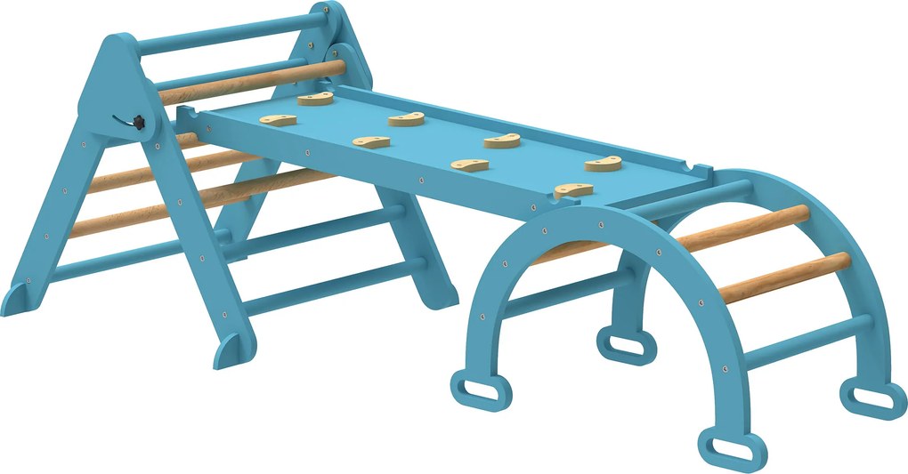AIYAPLAY 7v1 skládací Montessori lezecí trojúhelník ze dřeva s obloukem a rampou pro děti 18-48 měsíců 188x70 cm modrá