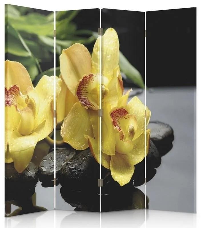 Ozdobný paraván, Žlutá orchidej - 145x170 cm, čtyřdílný, obustranný paraván 360°