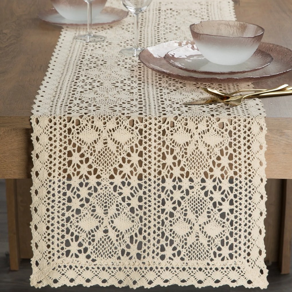 EUROFIRANY AŽUROVÝ BĚHOUN NA STŮL MARY 40X140 CM SVĚTLEBÉŽOVÝ