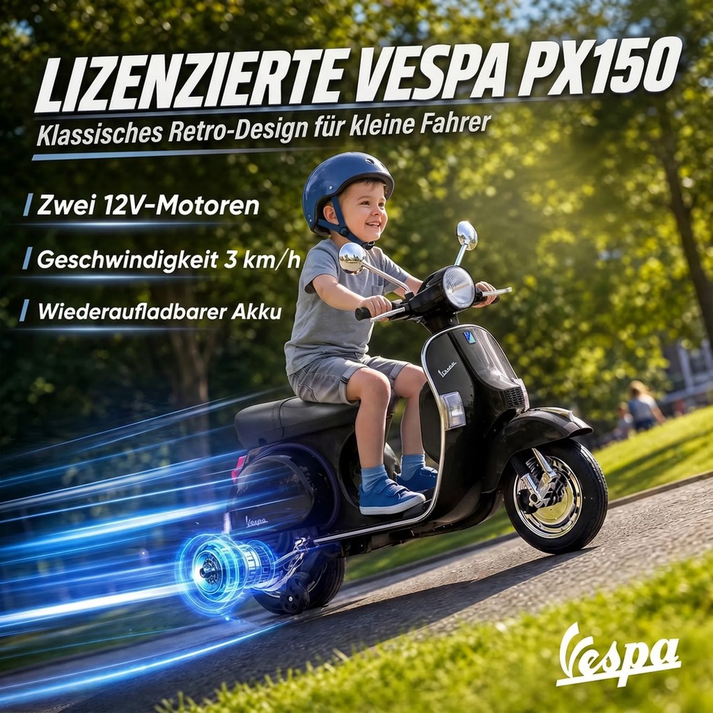 AIYAPLAY dětská elektrická Vespa PX150, Li-ion baterie, černá