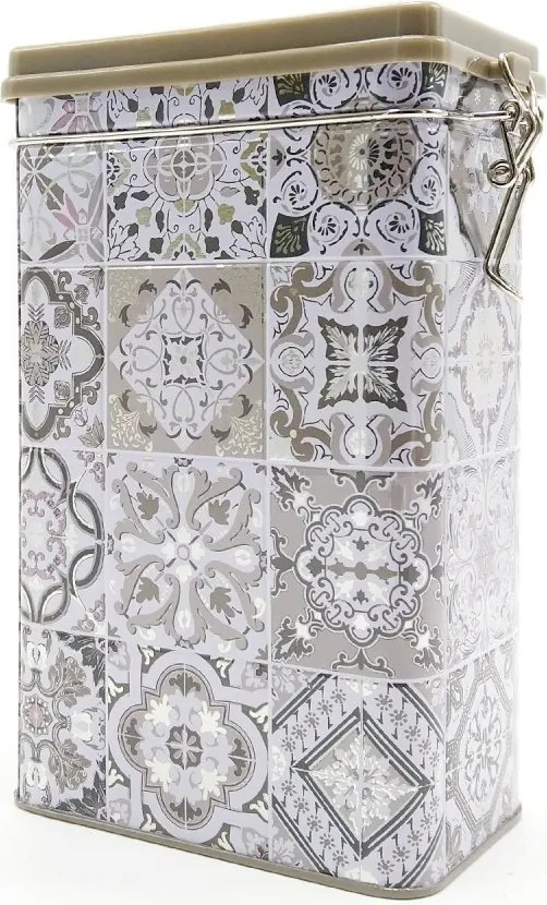 Plechová dóza Casa Decor, 500 g – lesklý povrch, se šedým vzorem Azulejo, s patentním uzávěrem, na kávu, bylinky a drobnosti