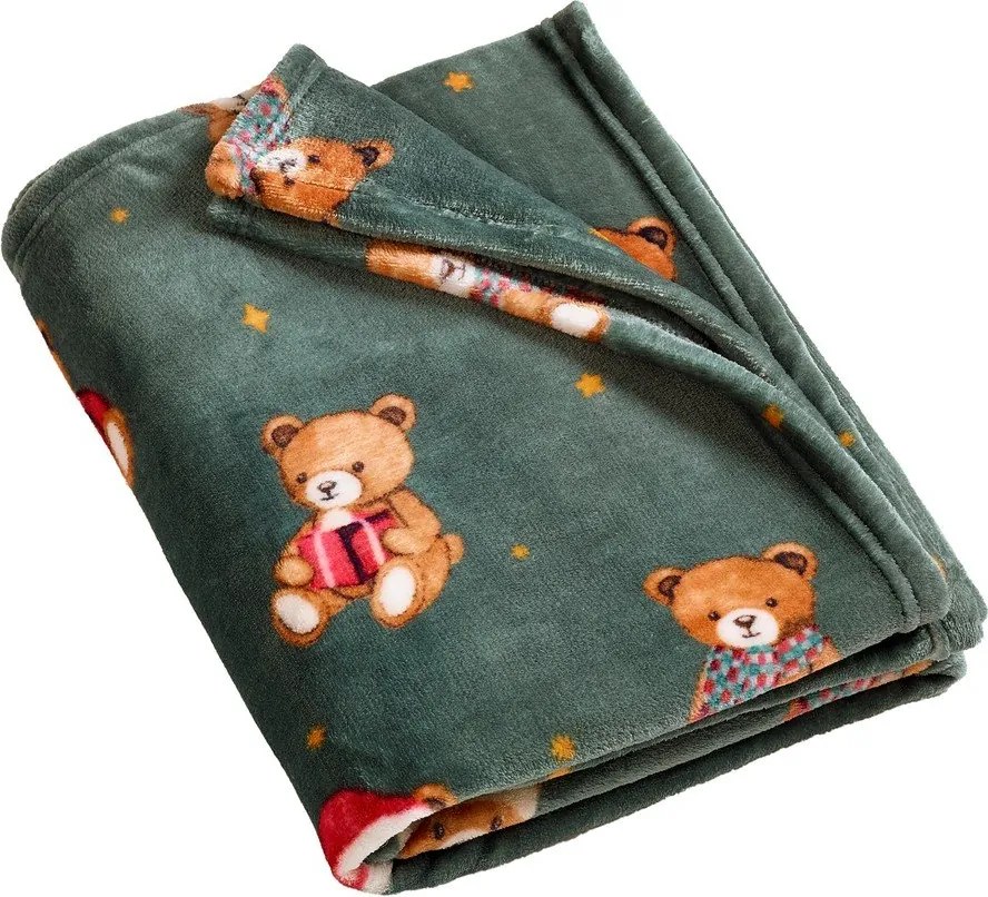 Tmavě zelená deka s vánočním motivem 170x130 cm Christmas Tartan Teddy Bear – Catherine Lansfield