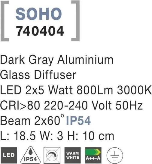 NV 740404 Venkovní nástěnné svítidlo SOHO tmavě šedý hliník skleněný difuzor LED 2x5W 3000K 220-240V 2x60st. IP54 světlo nahoru a dolů - NOVA LUCE