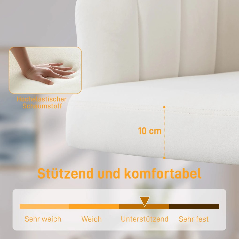 HOMCOM sametová kancelářská židle na kolečkách — prošitá opěrka, široké sedadlo, výškově nastavitelná, pěna s vysokou pružností — krémová