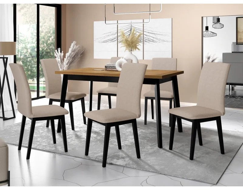 Jídelní stůl se 6 židlemi AL23, Barva dřeva: dub grandson - L, Potah: 26x - Kronos 22, Barvy nožiček: černá