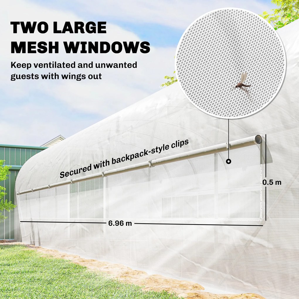 Outsunny tunelový skleník 24 m² — pozinkovaný ocelový rám, rolovací dveře a 2 velká síťovaná okna, plachta 140 g/m², bílá