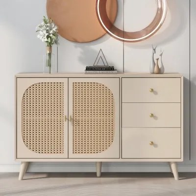Aosom Komody 120 cm s dveřmi a zásuvkami z ratanové tkaniny, velký úložný prostor, TV stojan, přírodní barva