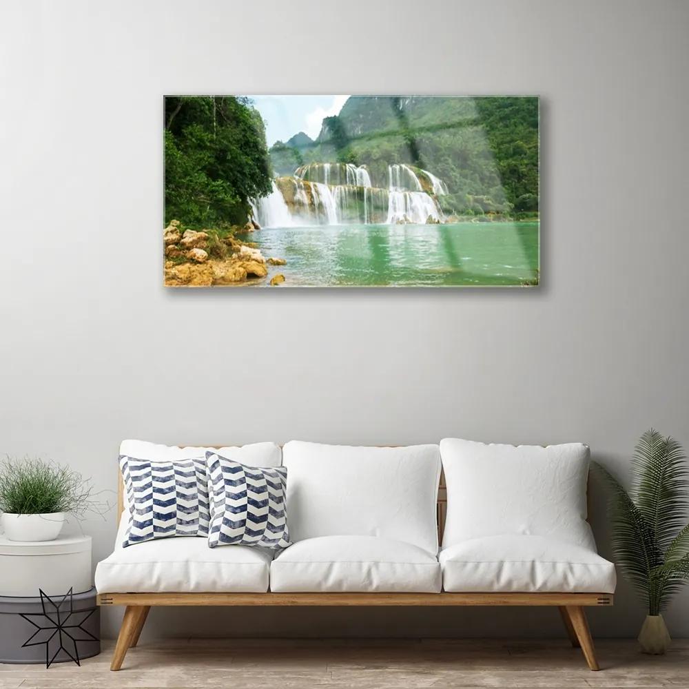 Obraz na skle Les Vodopád Krajina 125x50 cm