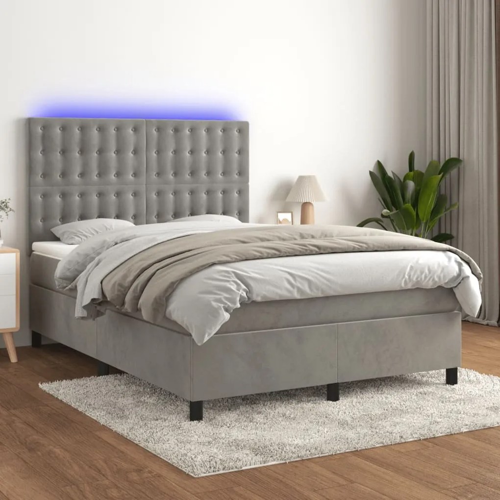 Box spring postel s matrací a LED světle šedá 140x190 cm samet 3136359