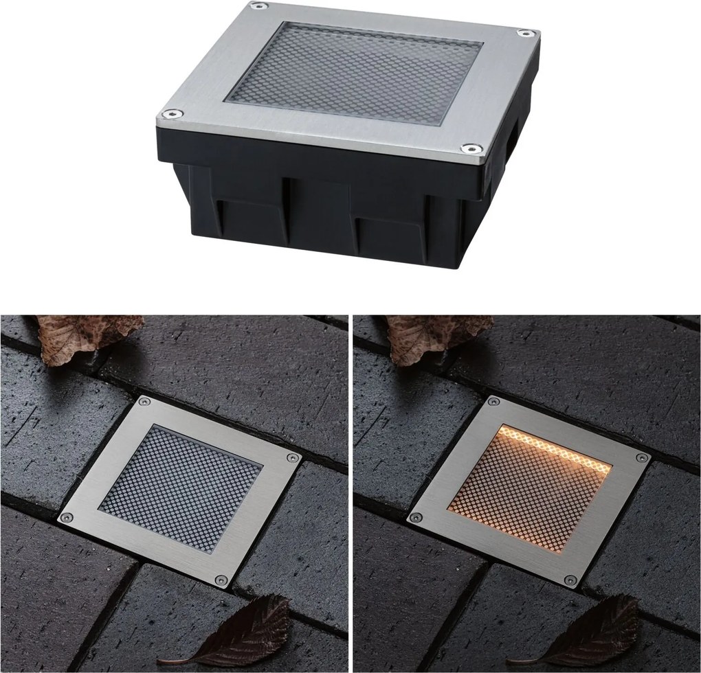 P 95743 Solární LED zemní svítidlo Sorea soumrakový senzor IP67 hranaté 100x100mm 2200K 0,1W 5lm 3,7V kov kartáčovaný ABS/polykarbonát/ocel - PAULMANN