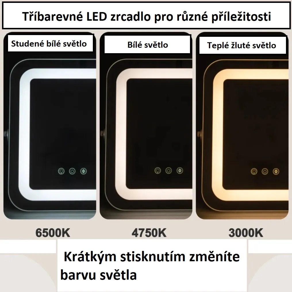 Kosmetické zrcátko s LED osvětlením, stmívatelné, 25 x 30 cm HU10614DE-WH