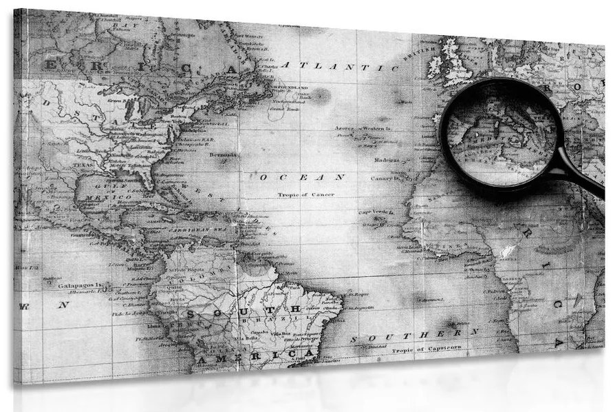 Obraz černobílá mapa světa s lupou - 60x40 cm
