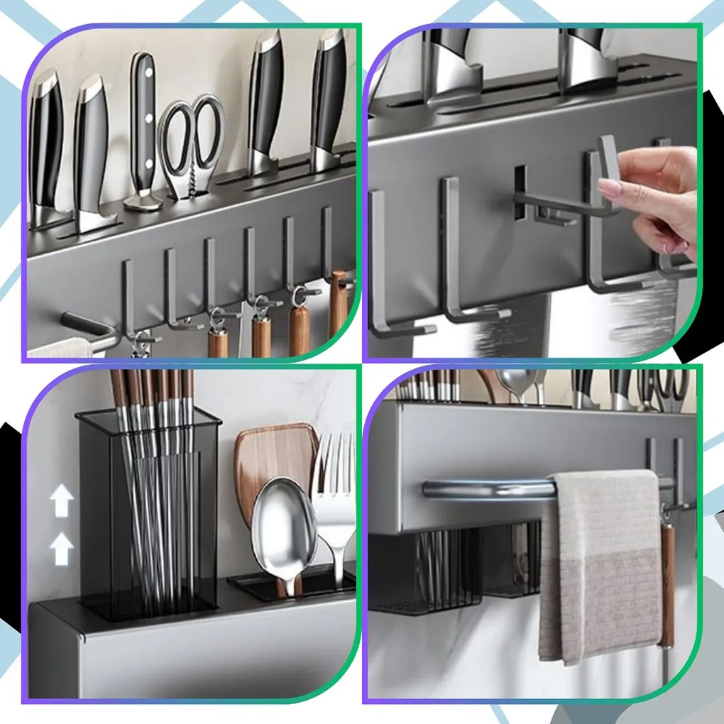 Camerazar Držák na kuchyňské nože a příslušenství nástěnný organizér 40 cm šedý