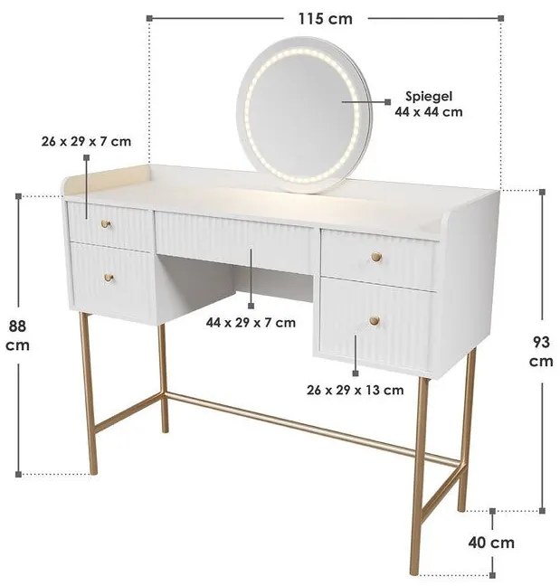 Toaletní stolek s LED zrcadlem, 5 zásuvek, bílý/zlatý