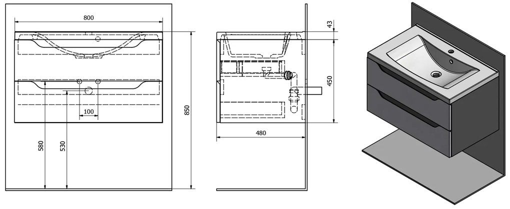 Sapho Wave koupelnová skříňka 79,7 x 45 x 47,8 cm pod umyvadlo bílá dub cuneo WA080-3025