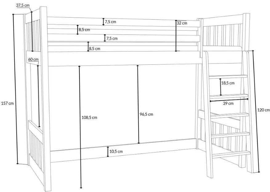 Dětská vyvýšená postel z masivu borovice ALVIN - 200x90 cm - PŘÍRODNÍ BOROVICE
