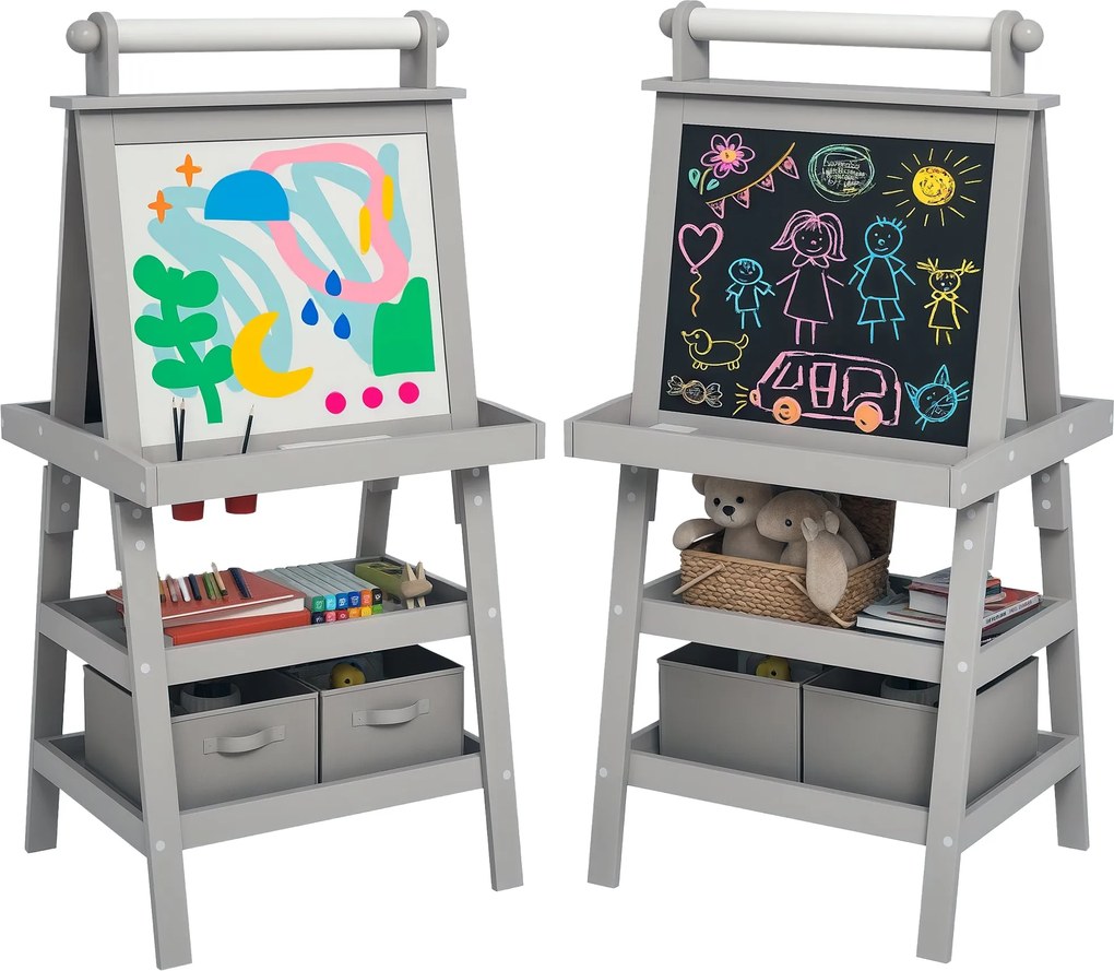 AIYPLAY Dětský malířský stojan 3 v 1 - Magnetická oboustranná dětská tabule s papírovým válečkem a úložnými košíky 59x48x118 cm Šedá | Aosom