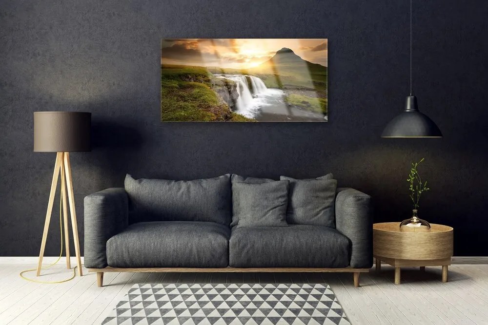 Obraz na skle Hory Vodopád Příroda 120x60 cm