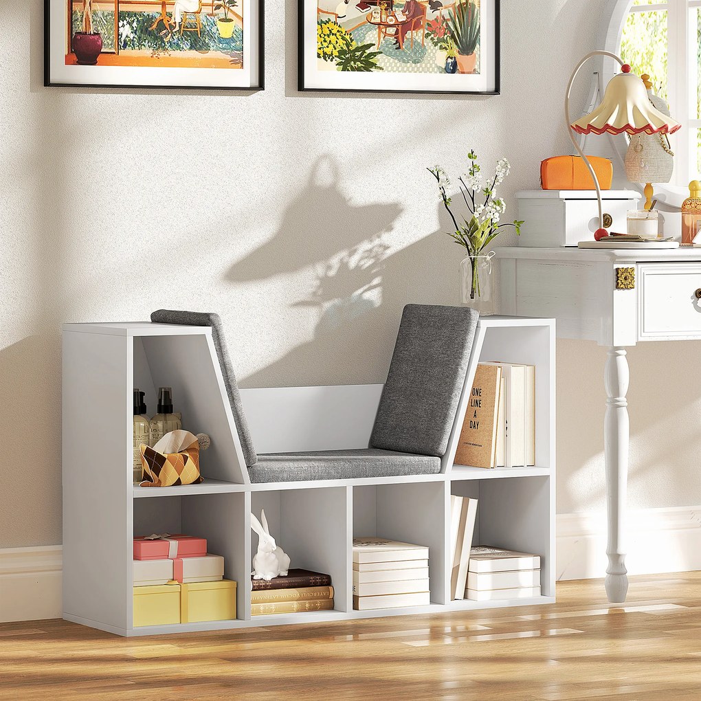 HOMCOM Knihovna s polštářem, úložný regál se 6 přihrádkami, vzhled lnu, malá knihovna do obývacího pokoje, ložnice, 105 x 30 x 63 cm, bílá