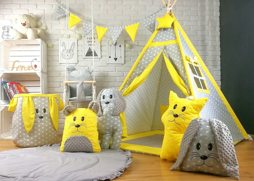 Dětský stan TEEPEE (TÝPÍ) EXCLUSIVE s doplňky - ŽLUTOŠEDÝ