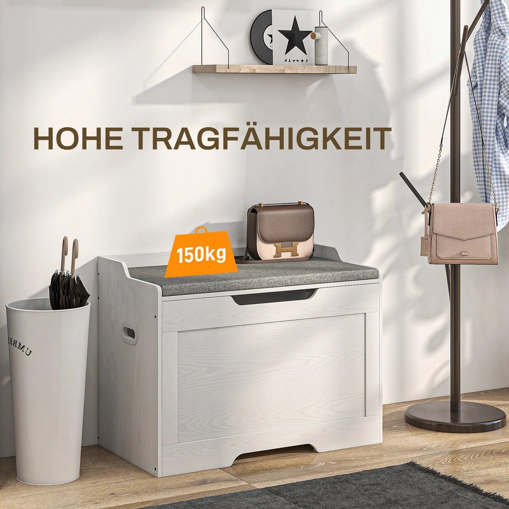 HOMCOM 103 litrová úložná truhla s víkem, sedák, sedací truhla s úložným prostorem, odnímatelný sedák, do obývacího pokoje, ložnice, bílá | Aosom