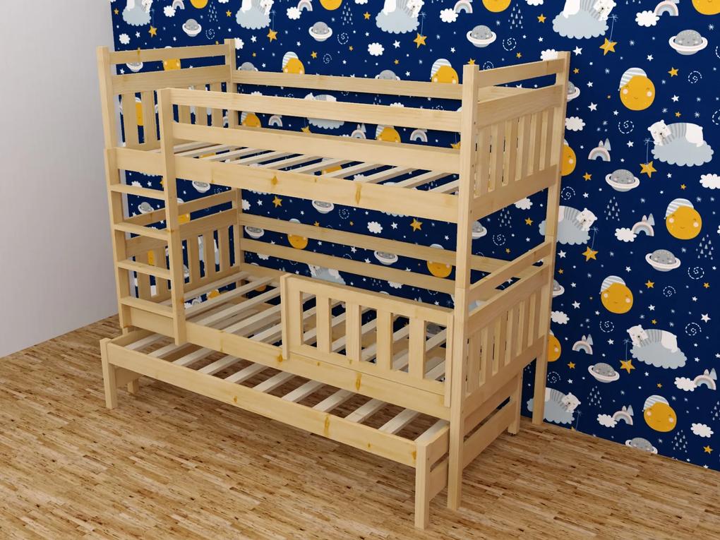 Vomaks Patrová postel s výsuvnou přistýlkou PPV 004 se zábranou Rozměr: 90 x 180 cm, Barva: bezbarvý lak, Prostor mezi lůžky: 80 cm