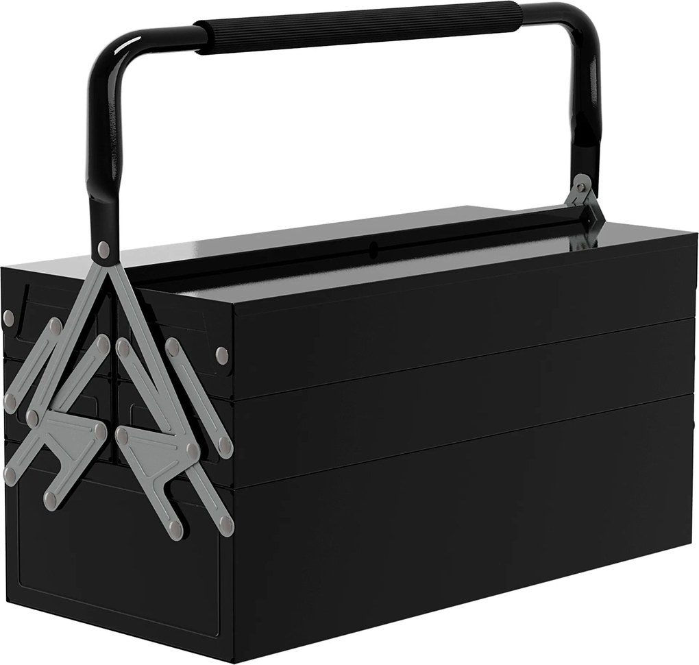 DURHAND kovový toolbox - Sada nářadí - 3 úrovně, 5 teleskopických přihrádek - Černý ocelový plech