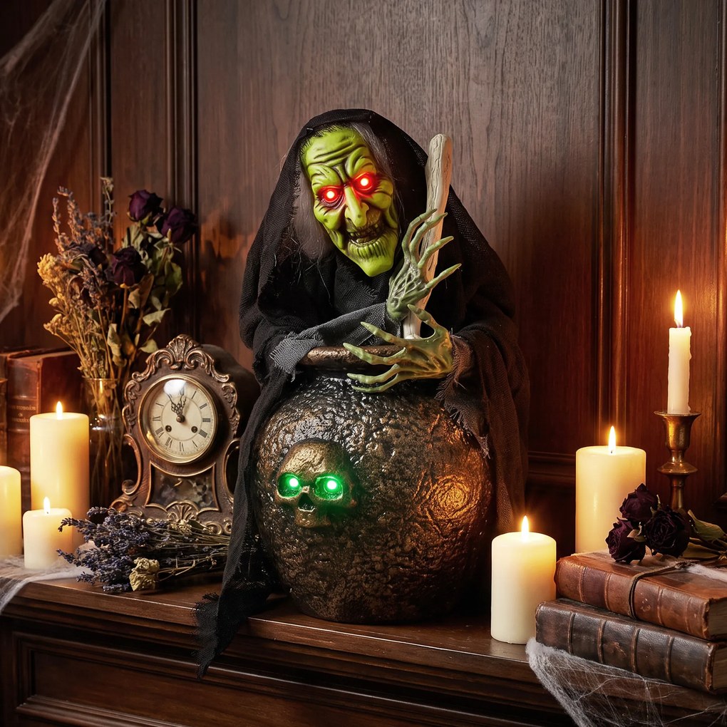 HOMCOM Animovaná halloween stolní čarodějnice se zvukem smíchu, svítícíma očima a zvukovou/touch aktivací