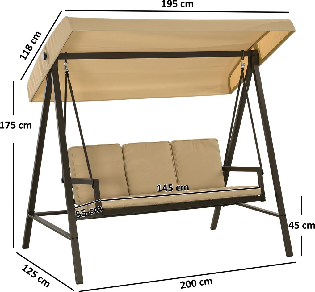 3-Sitzer Hollywoodschaukel, Gartenschaukel, verstellbares Sonnendach, 200 cm x 125 cm x 175 cm, Beige + Braun