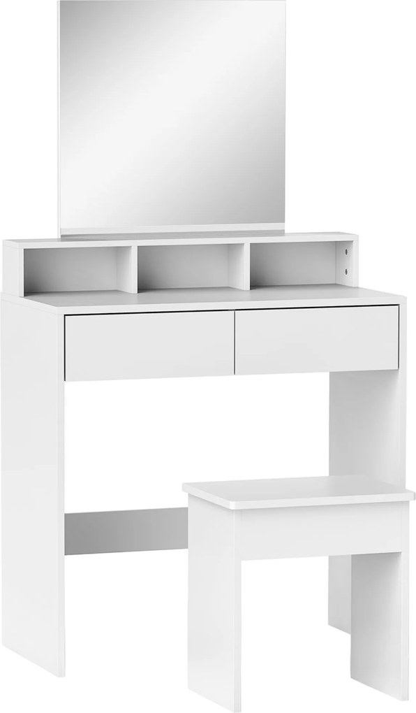 HOMCOM Toaletní Stolík se Židlí, Toaletní Stolík se Zrcadlem, 3 Police, 2 Zásuvky, Moderní Toaletní Stolík z Dřeva do Ložnice, 75x38x135 cm, Bílý