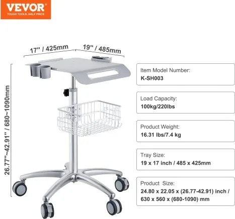 Lékařský vozík, salonní vozík s kolečky, pojízdný vozík 68–109 cm