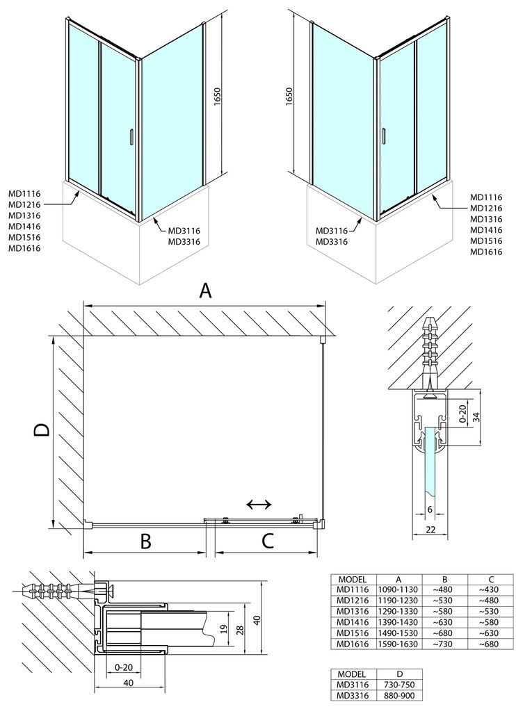 Polysan, DEEP obdélníková sprchová zástěna 1100x900mm L/P varianta, čiré sklo, MD1116MD3316