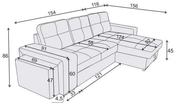 Rozkládací sedačka s úložným prostorem a taburetem PALERMO černá pravá