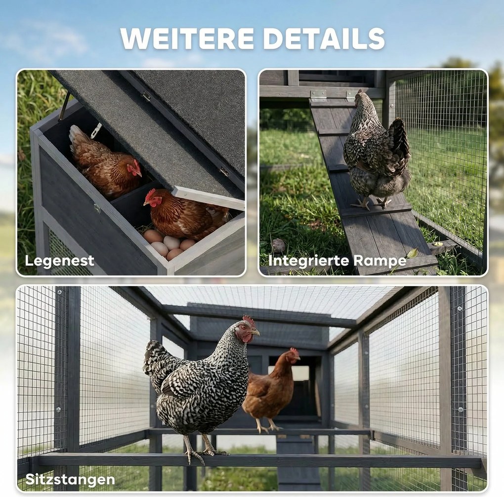 PawHut dřevěný kurník s výběhem pro 3–4 nosnice, 264 x 82 x 89 cm — asfaltová střecha, potah z Oxford tkaniny, hnízdní box, bidýlka, výsuvný podnos —…