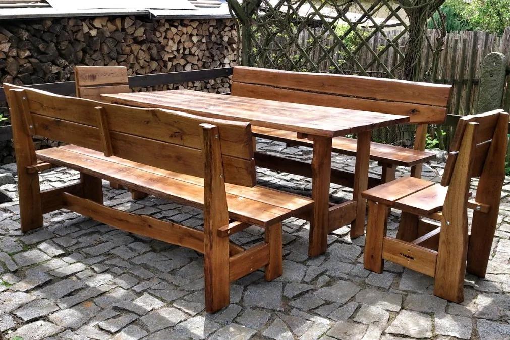 KULHÁNEK Zahradní dubová sestava - stůl, 2x lavice s opěradlem, 2x židle (rustikální provedení) Délka: 160 cm, Odstín nátěru: individuální