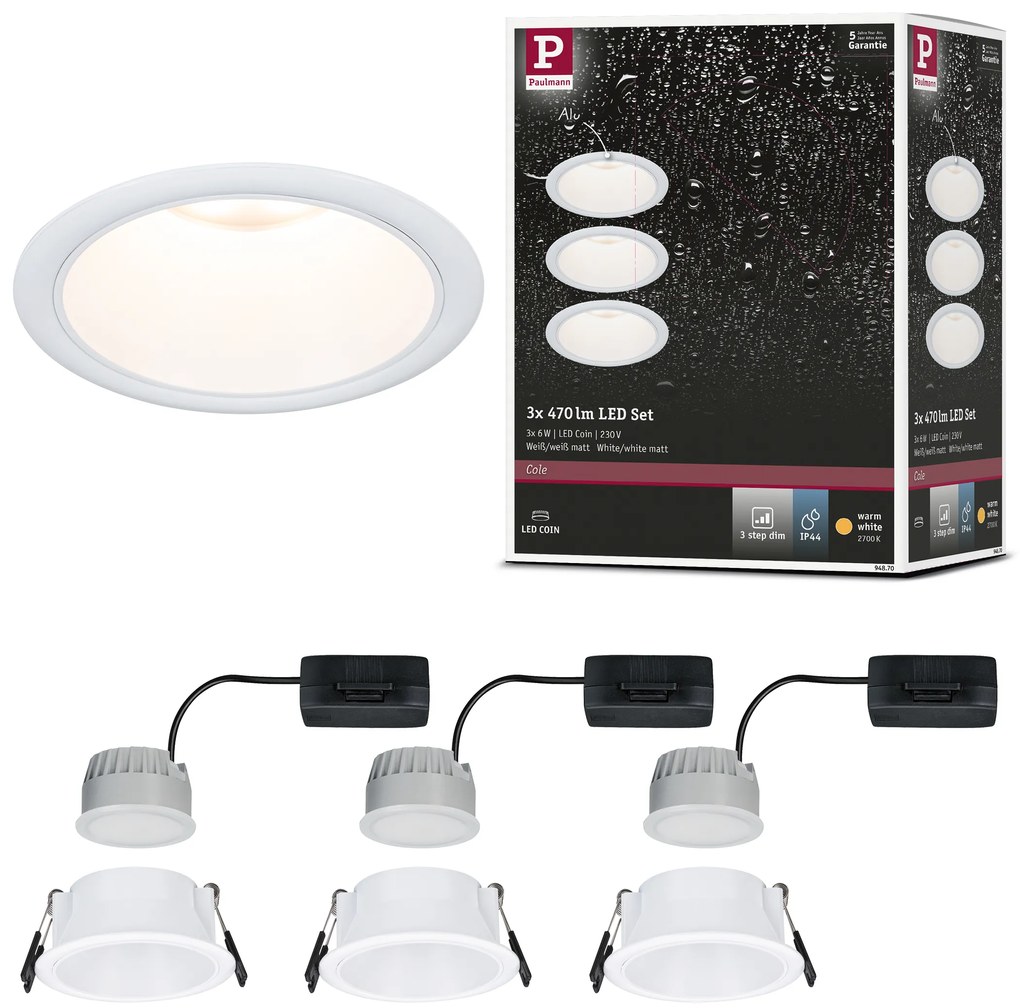 Paulmann 94870 Cole Coin, set bodovek v bílé úpravě, 3x6W LED 2700K tříkrokové stmívání, prům. 8,8cm, IP44