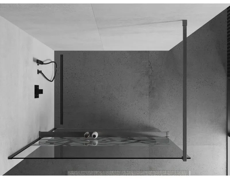 Mexen Kioto+, sprchová zástěna Walk-In s poličkou a věšákem 140 x 200 cm, 8mm čiré sklo bílý vzor, grafitový profil, 800-140-121-66-85